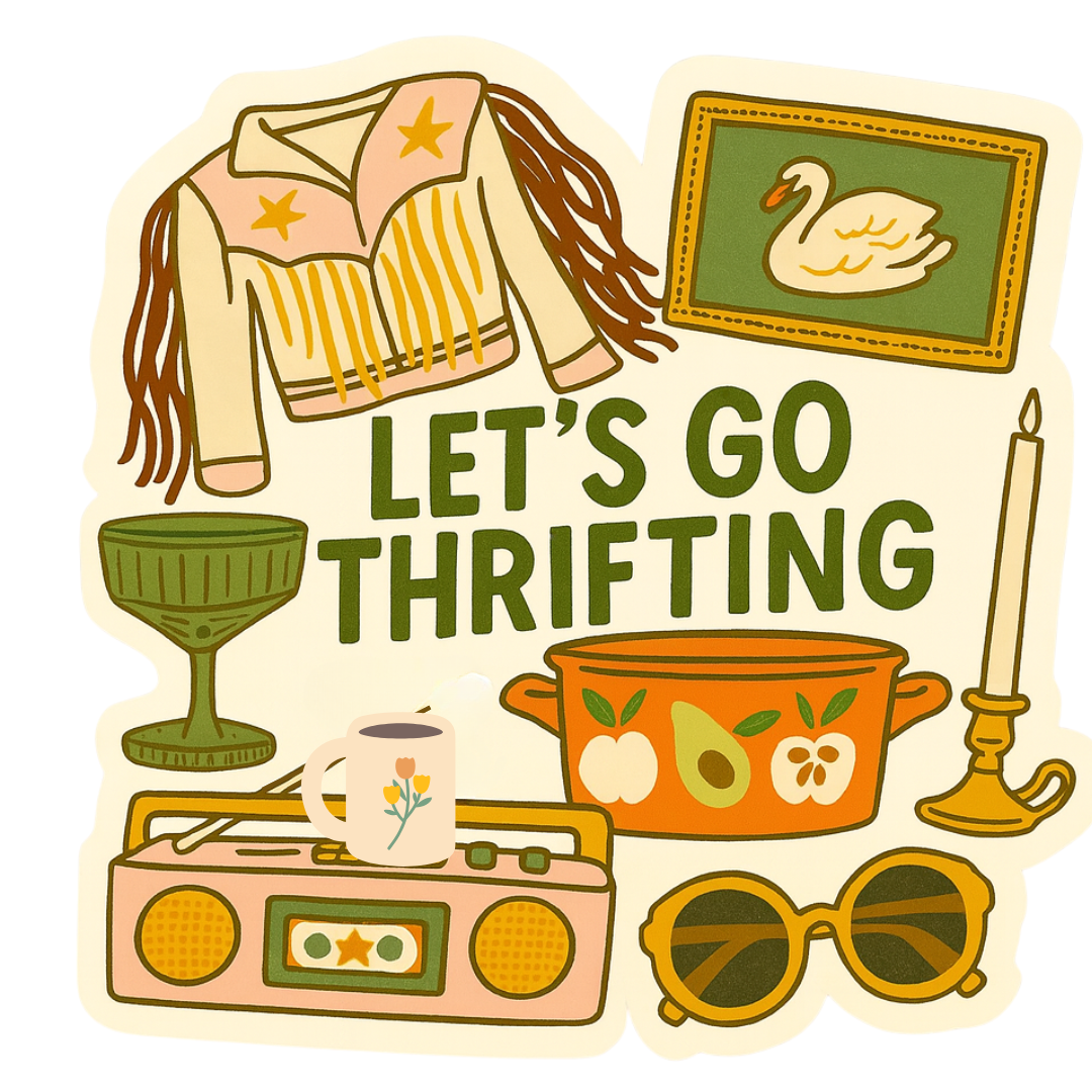 Let’s Go Thrifting Sticker –Retro Vintage Finds Illustration – kleanspa